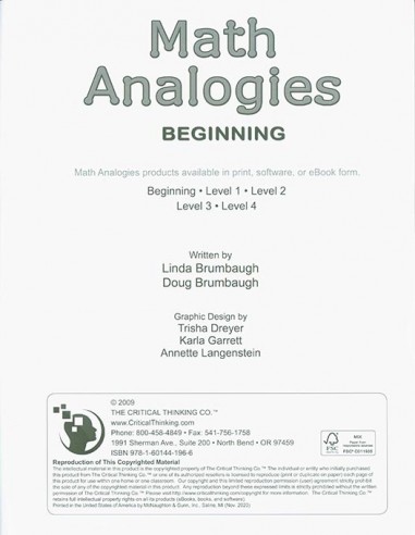 Math Analogies: Beginning (Grades K-1)