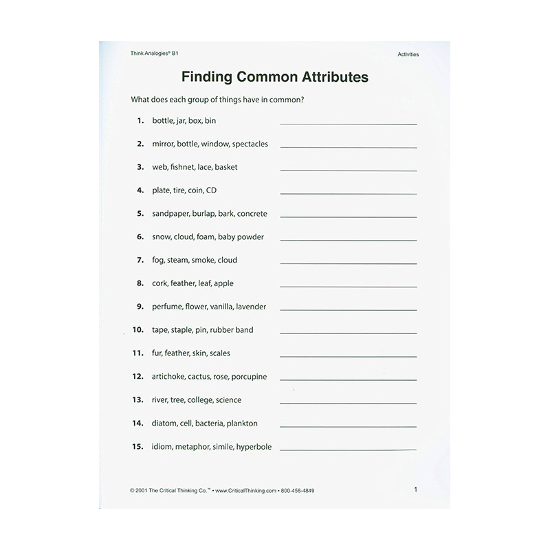 Think Analogies - Level B-1 (Grades 6-12)