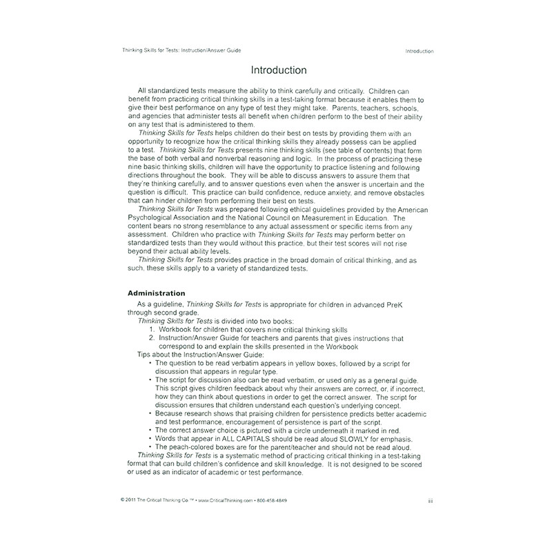 Thinking Skills for Tests Early Learning Teacher Guide (PreK-2)