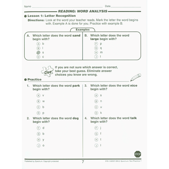 Spectrum Test Practice Workbook Grade 1