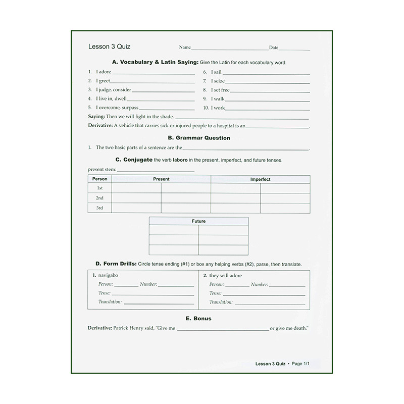 F F Latin Test & Quiz Booklet